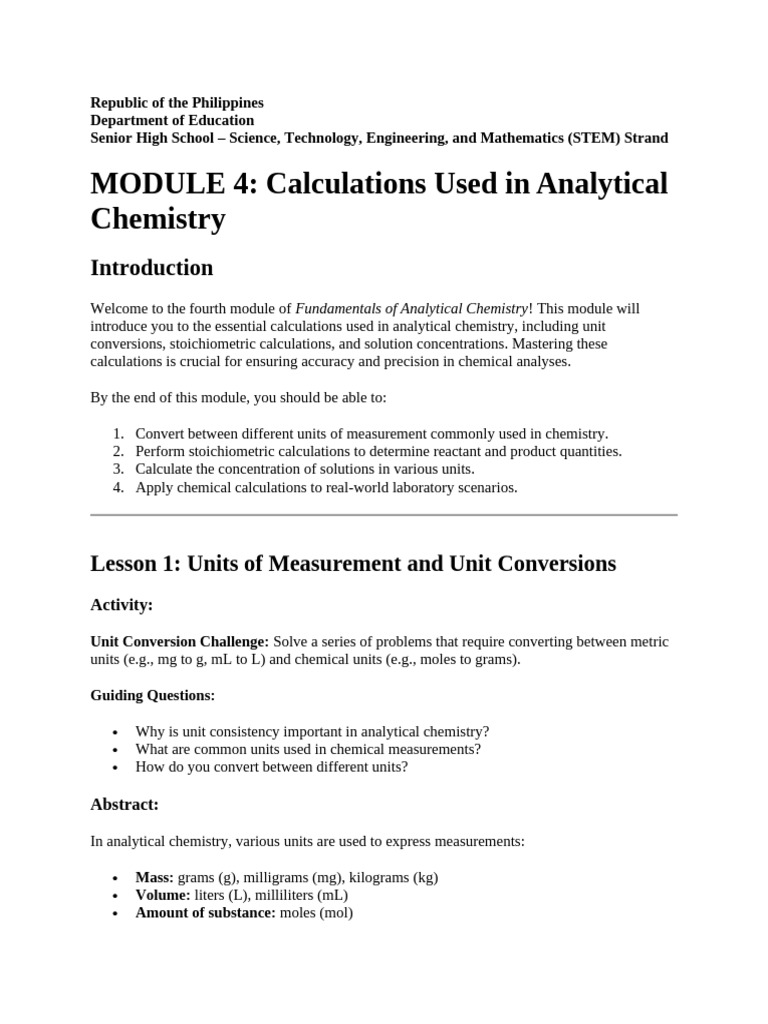 Analytical Chemistry Calculations Guide | PDF | Stoichiometry | Mole (Unit)