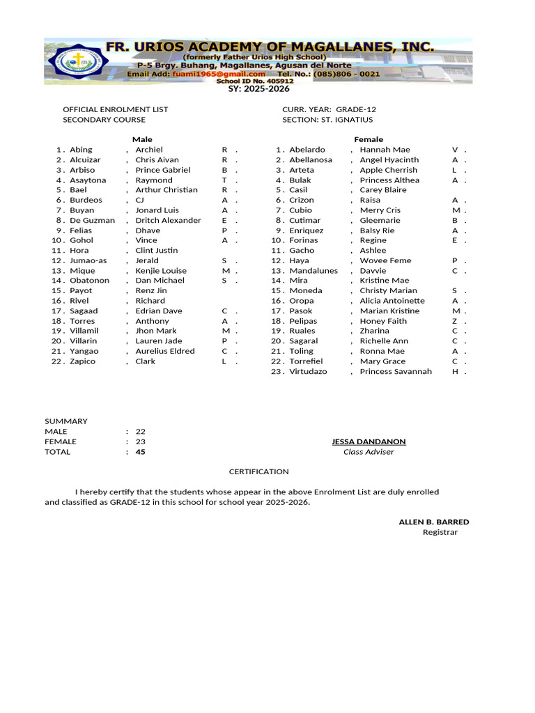Official Grade 12 Enrolment List 2025-2026 | PDF