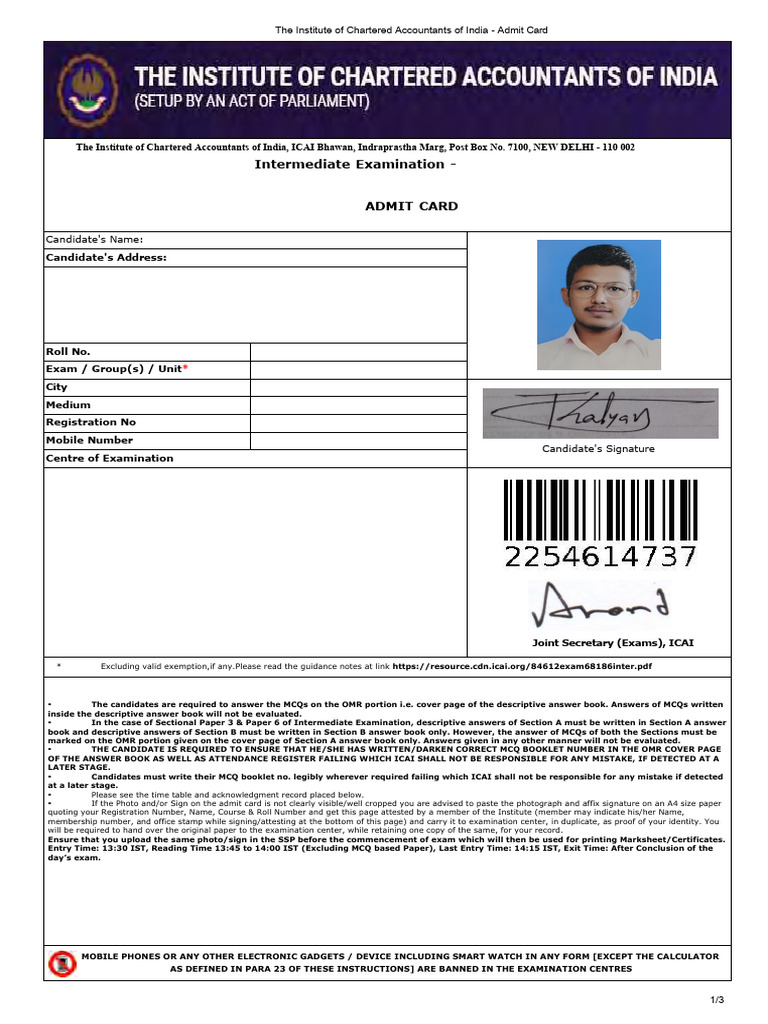 ICAI Intermediate Exam Admit Card 2025 | PDF | Multiple Choice