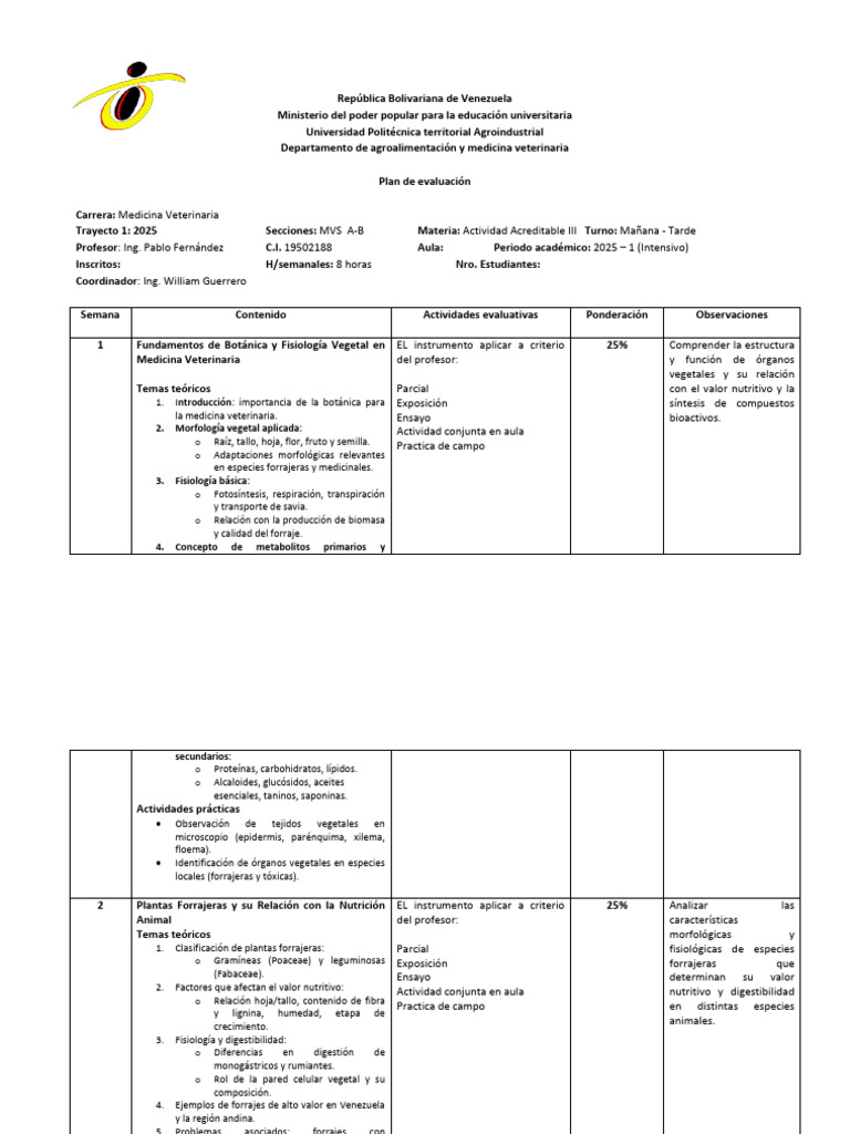 Plan de Evaluacion Actividad Acreditable III Botanica y Fisiologia Vegetal Aplicada A La Medic ...