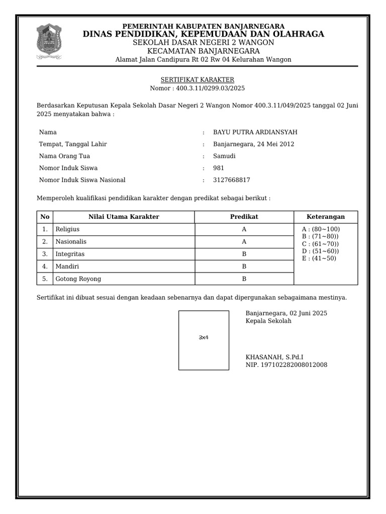 Sertifikat Karakter - Bayu Putra Ardiansyah | PDF