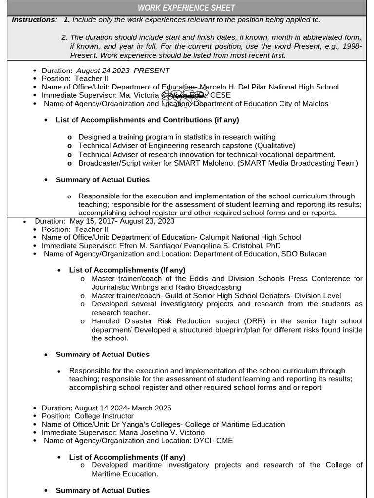 CS Form No. 212 Attachment - Work Experience Sheet | PDF | Learning