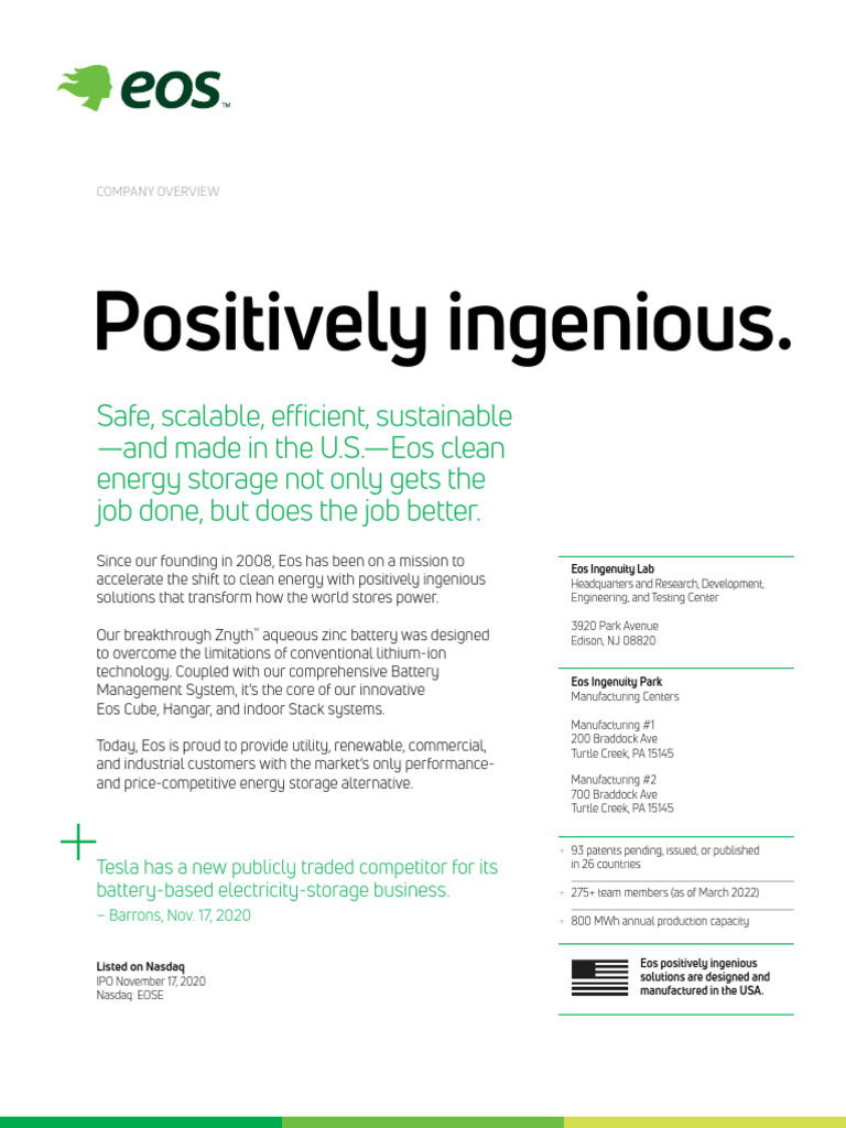 Eos Overview Sheet 090822 | PDF | Lithium Ion Battery | Sustainable Energy
