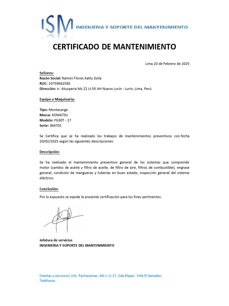Certificado de Mantenimiento - Komatsu 364701 20.02.25 | PDF