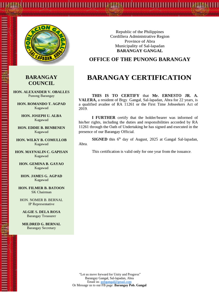 Barangay Certification - First TIme Jobseeker | PDF
