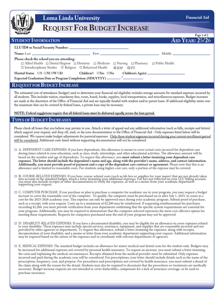 Loma Linda University Budget Increase Request | PDF | Expense | Budget
