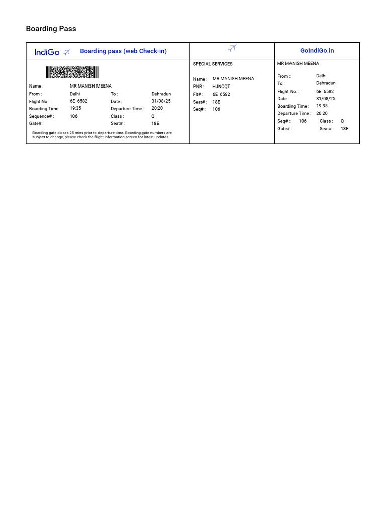 Indigo Boarding Pass | PDF