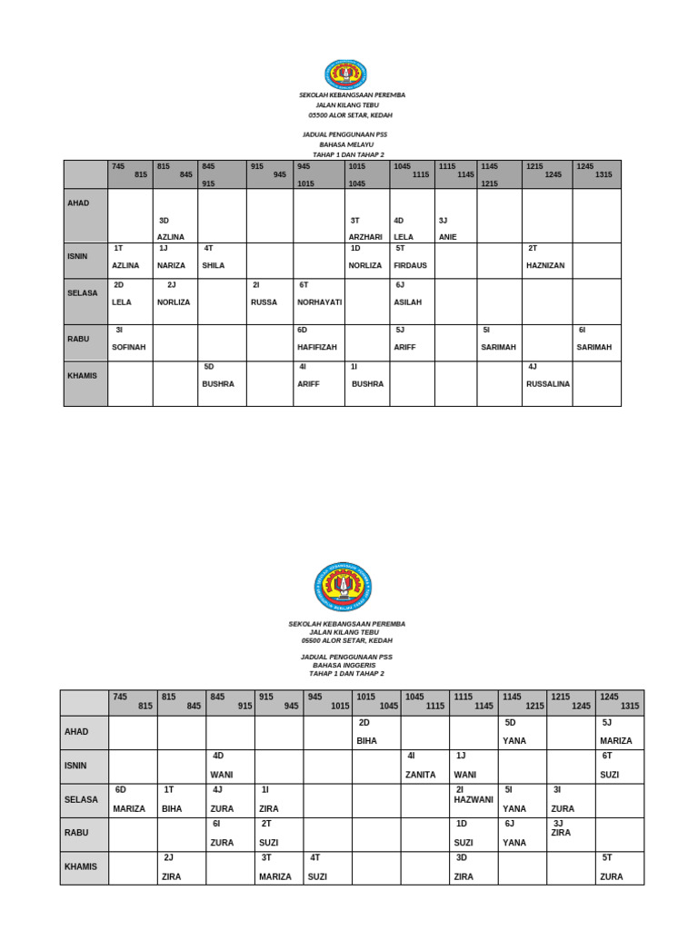 Jadual Waktu Masuk Pss | PDF