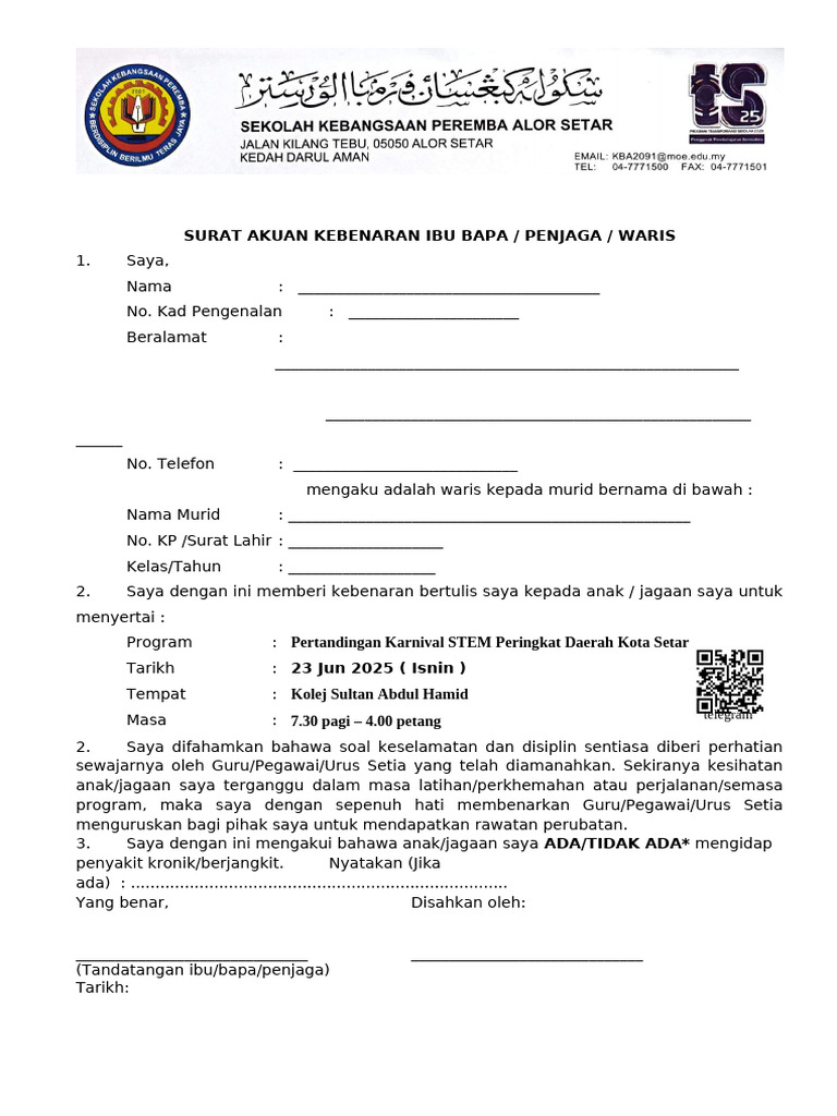 Surat Kebenaran Penyertaan Karnival STEM | PDF