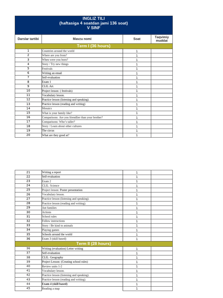 5-Sinf Ish Reja Ingliz Tili | PDF