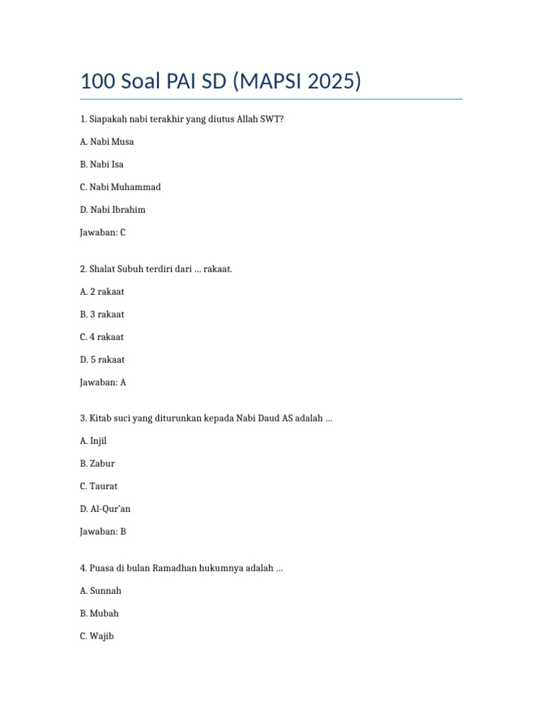 100 Soal PAI SD untuk MAPSI 2025 | PDF