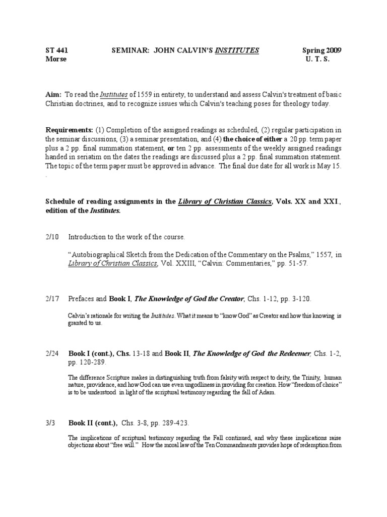 Syllabus John Calvin Institutes | PDF | Justification (Theology) | Jesus