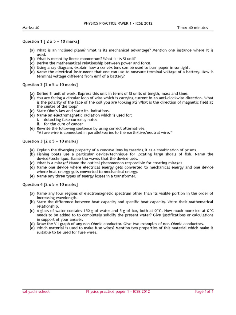 Physics E28093 Practice Paper 1 E28093 Icse 2012 | PDF | Electromagnetic Field | Quantity
