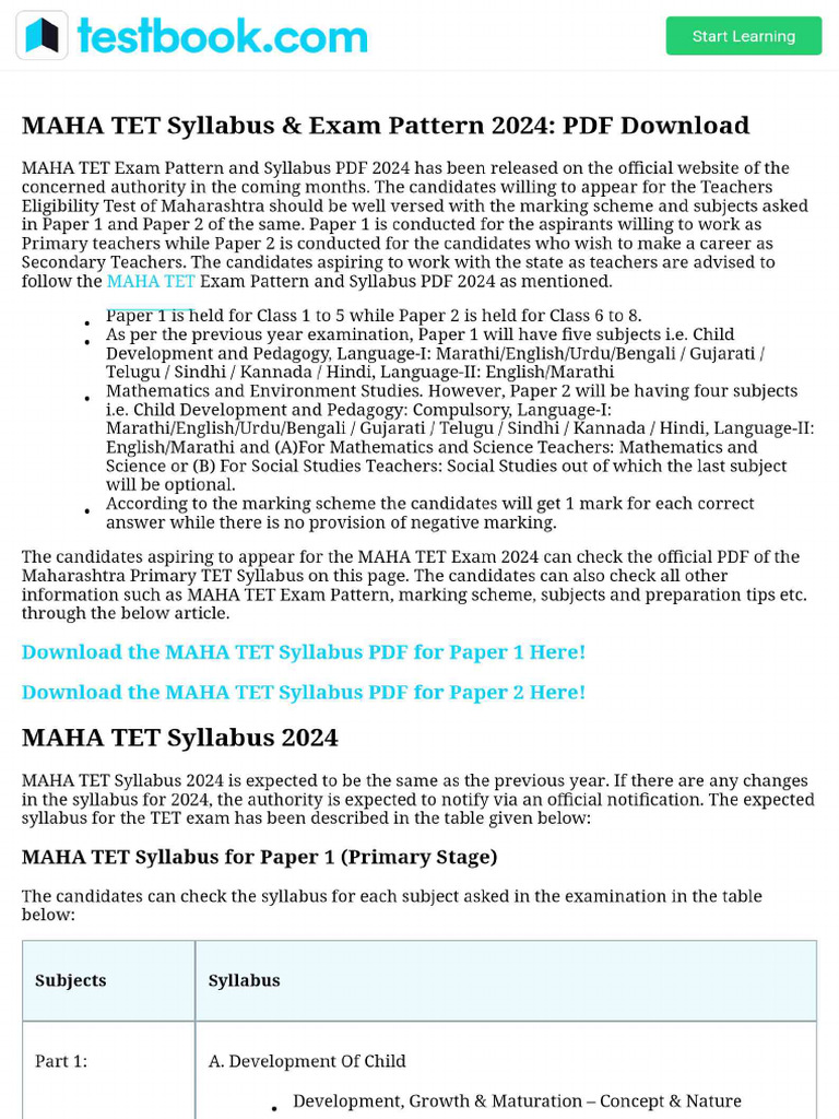MAHA TET Syllabus & Exam Pattern 2024 - PDF Download | PDF