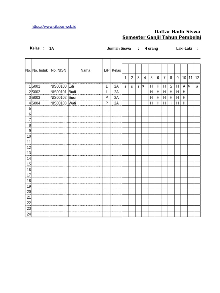 Contoh Absensi Siswa Rekap Otomatis Semester Ganjil | PDF