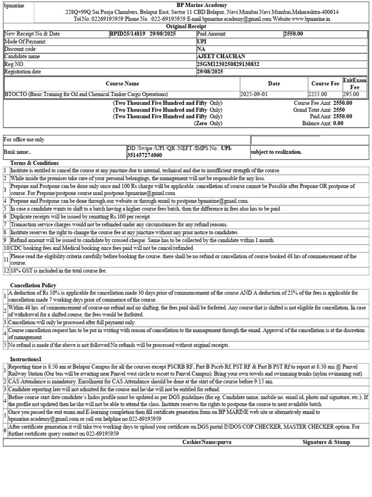 BP Marine Academy Course Receipt | PDF | Payments