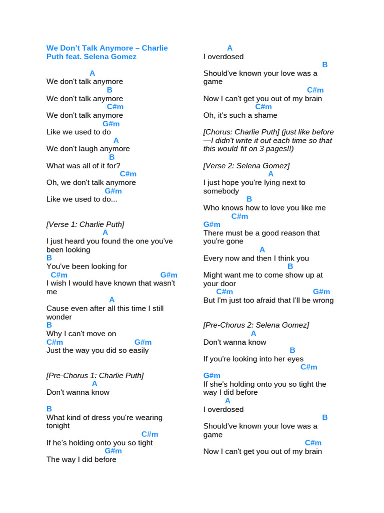 We Don't Talk Anymore Lyrics | PDF | American Songs | Pop Music