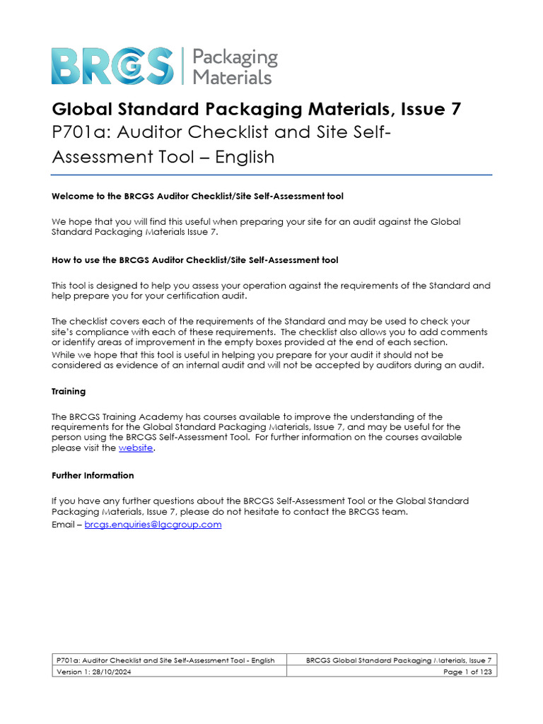 BRCGS Packaging Audit Checklist Tool | PDF | Audit | Safety