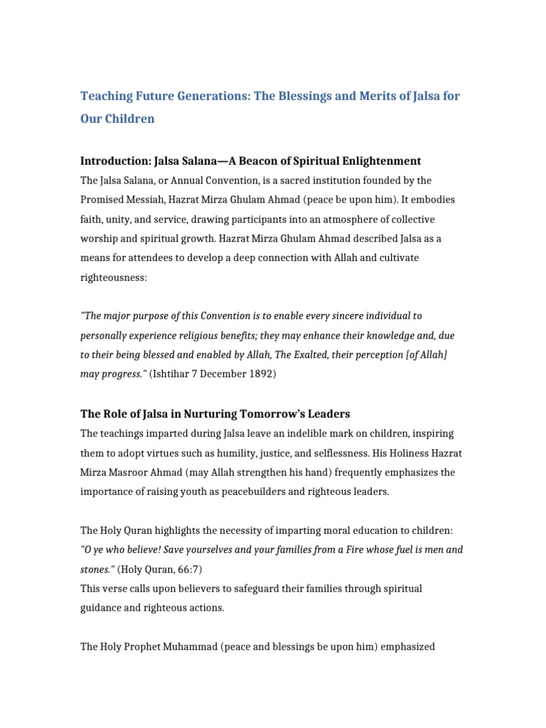 Teaching Future Generations The Blessings and Merits of Jalsa For Our Children | PDF | Peace | Love