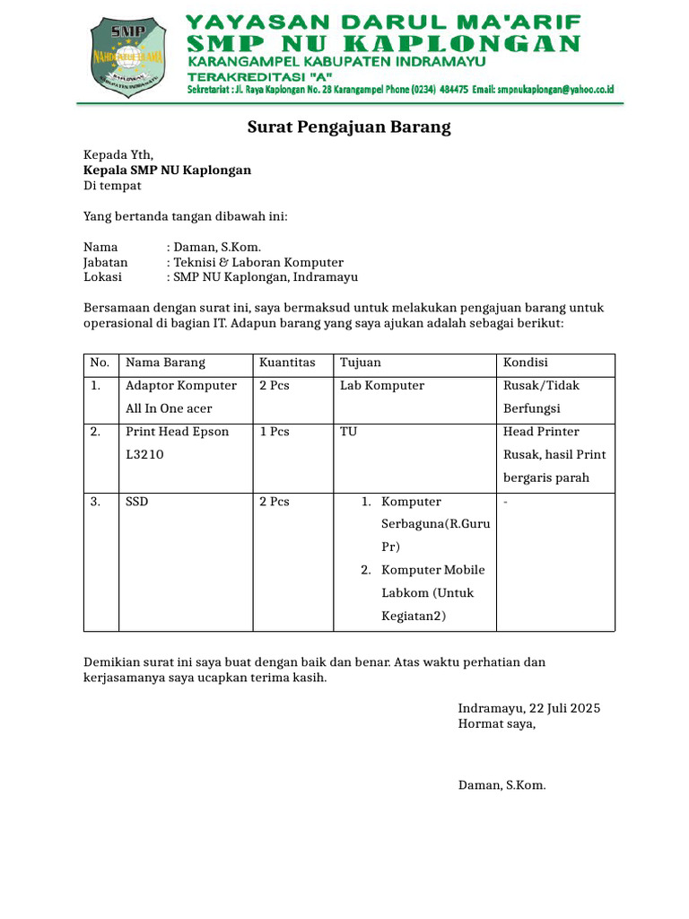 Surat Pengajuan Barang IT | PDF