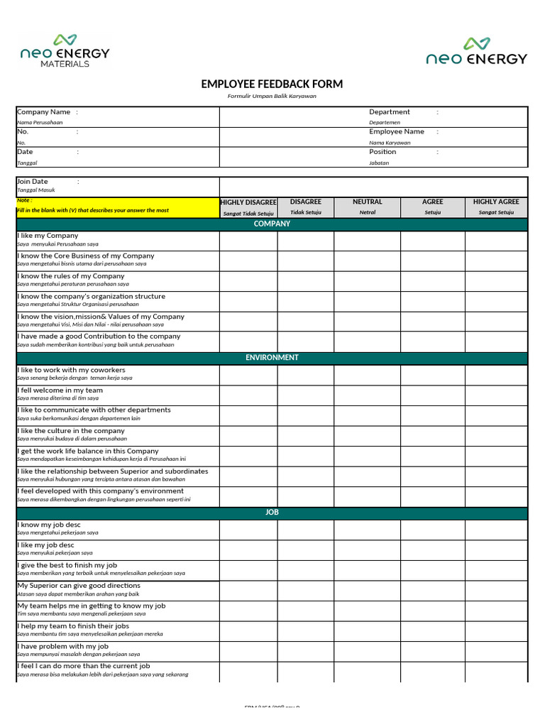 FRM - Hca - 008 Rev. 0 - Employee Feedback Form | PDF