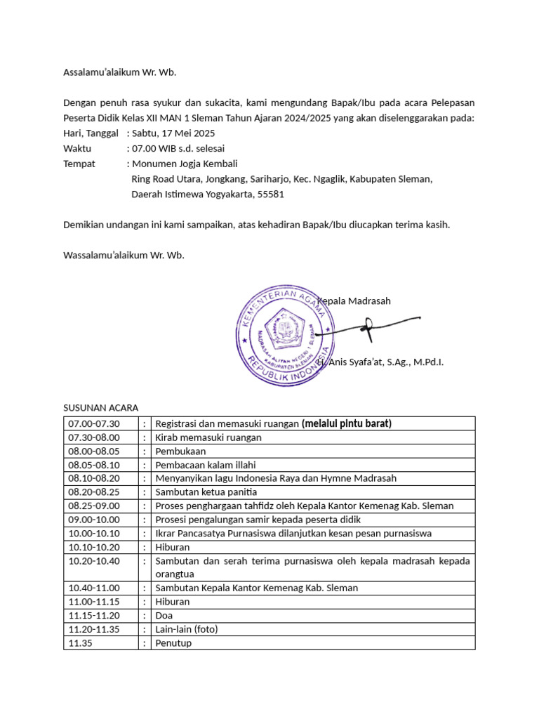 Undangan Pelepasan Kelas XII MAN 1 Sleman | PDF