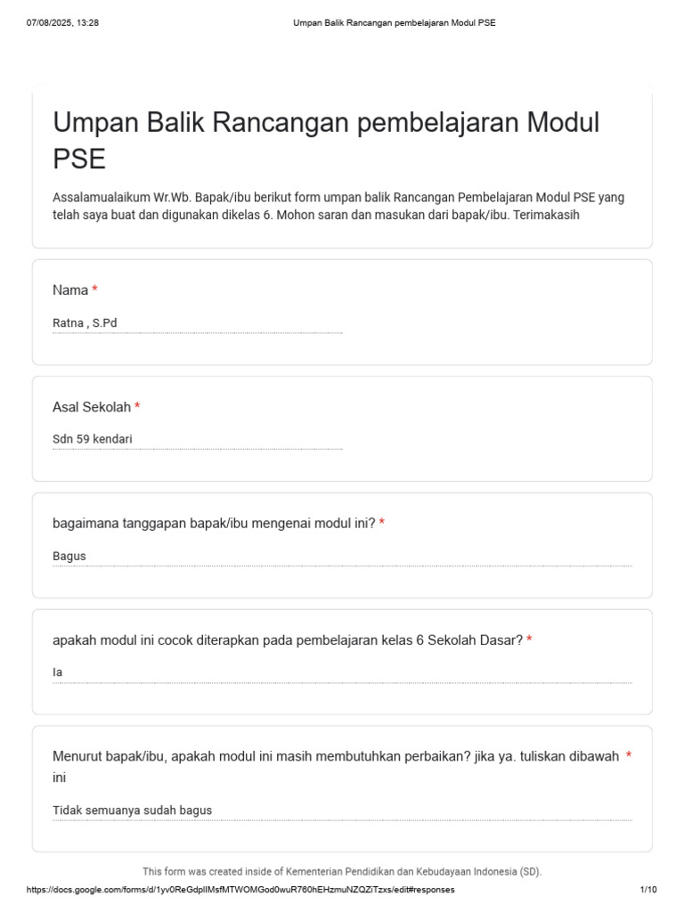 Umpan Balik Rancangan Pembelajaran Modul PSE - Google Forms | PDF