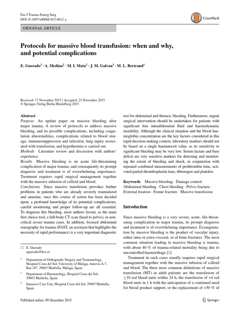Protocols For Massive Blood Transfusion: When and Why, and Potential ...