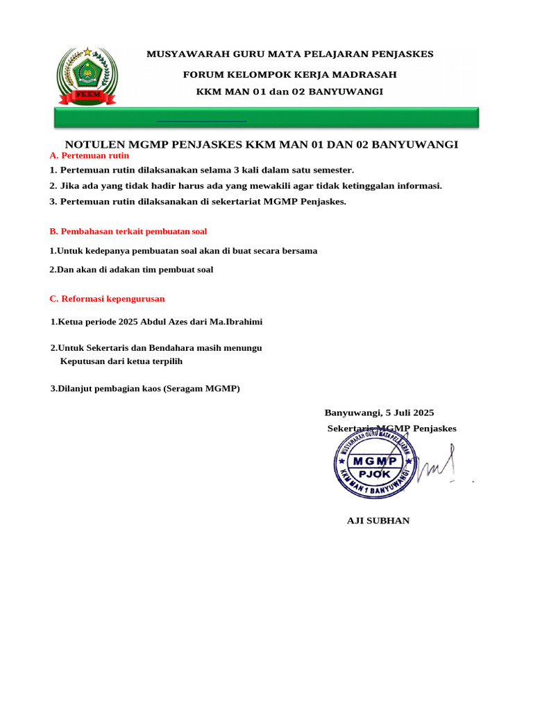 Notulen 2025 Dan Absen MGMP 2025 | PDF