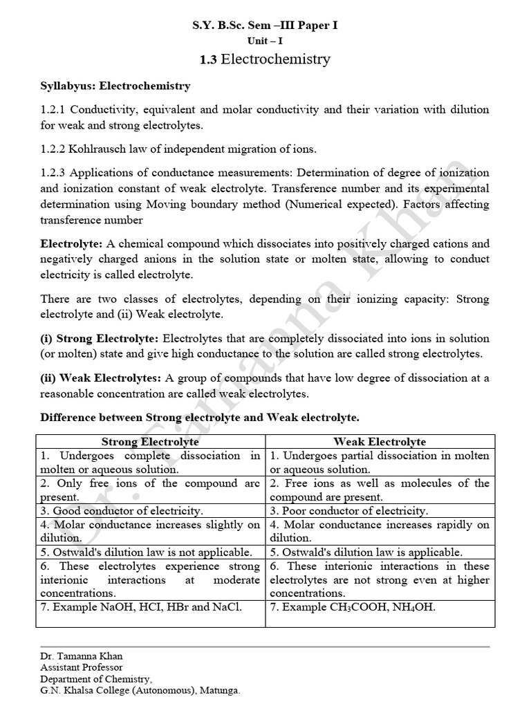 Electrochemistry NEP SYBSc Sem III Paper I - Unit I | PDF | Dissociation (Chemistry) | Electrolyte