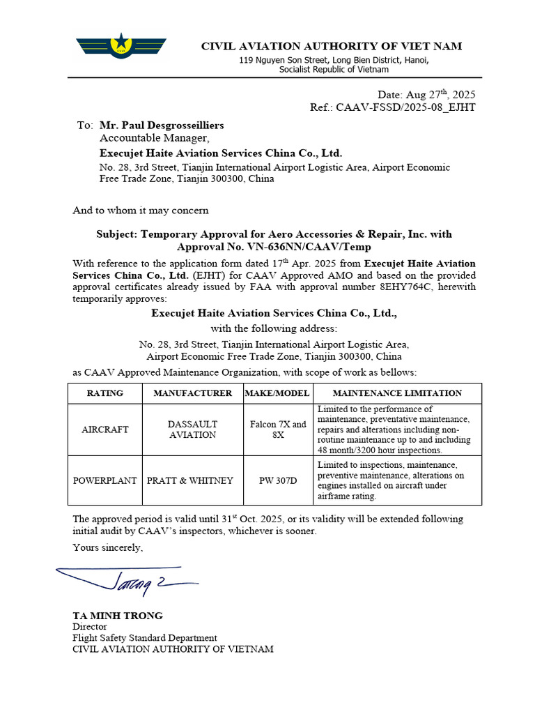 CAAV Temporary Approval - EJHT - Aug 2025 | PDF | Aviation | Transport