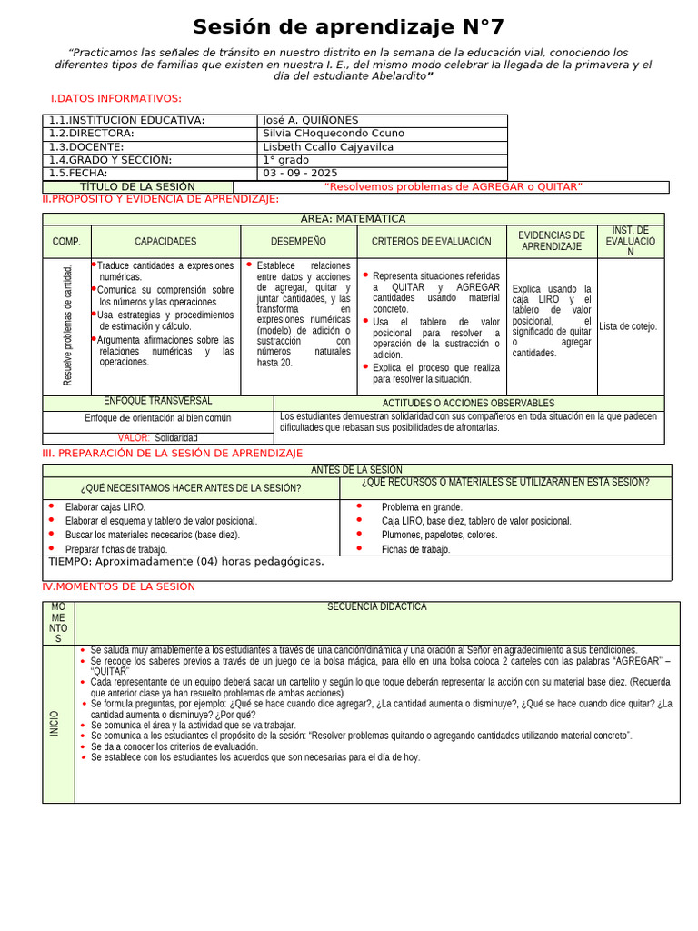 SESIÓN RESOLVEMOS PROBLEMAS DE AGREGAR O QUITAR (CAJA LIRO) MAESTRA JANET | PDF | Aprendizaje ...