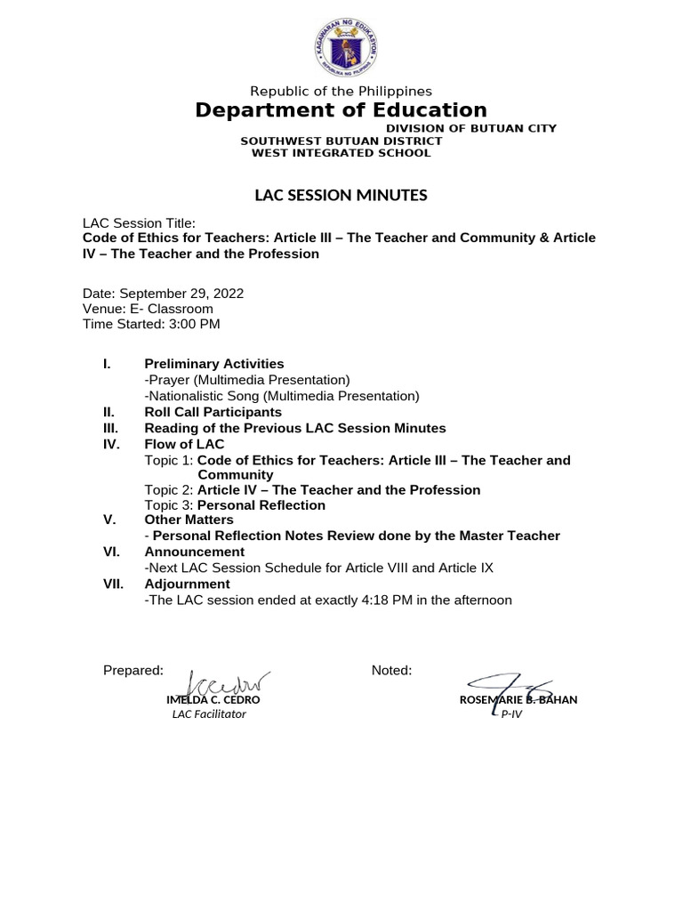 LAC Session Minutes on Teacher Ethics | PDF