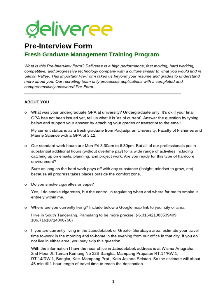 Pre-Interview Form for Fresh Graduates | PDF