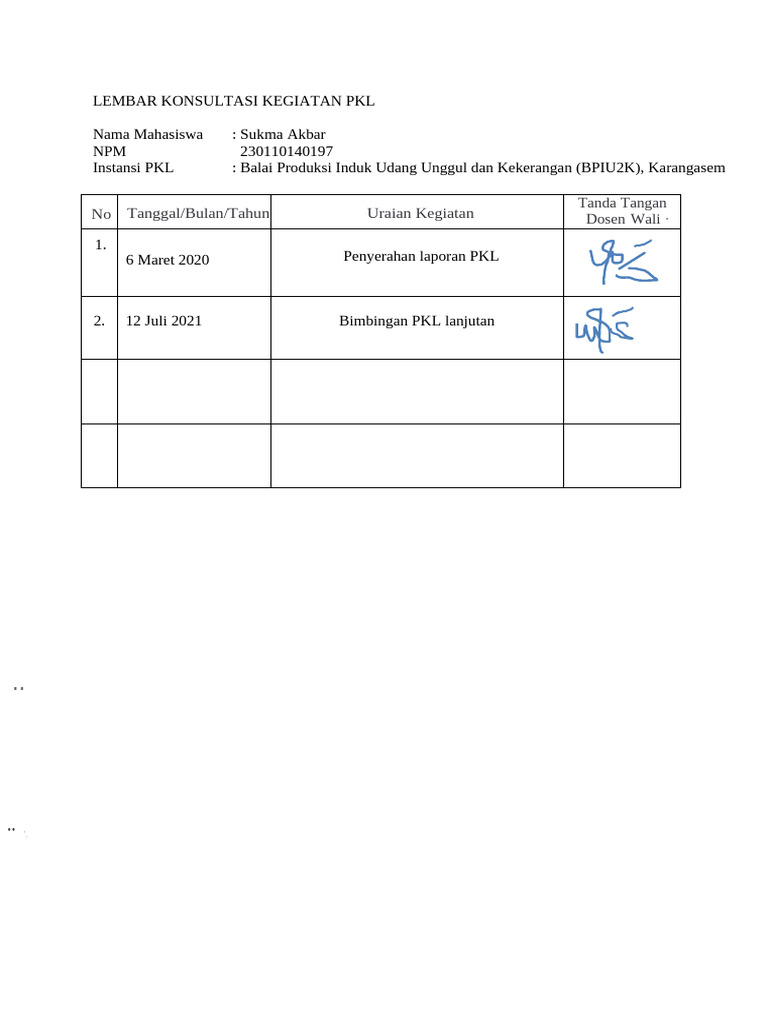 Lembar Konsultasi Kegiatan PKL - TTD | PDF
