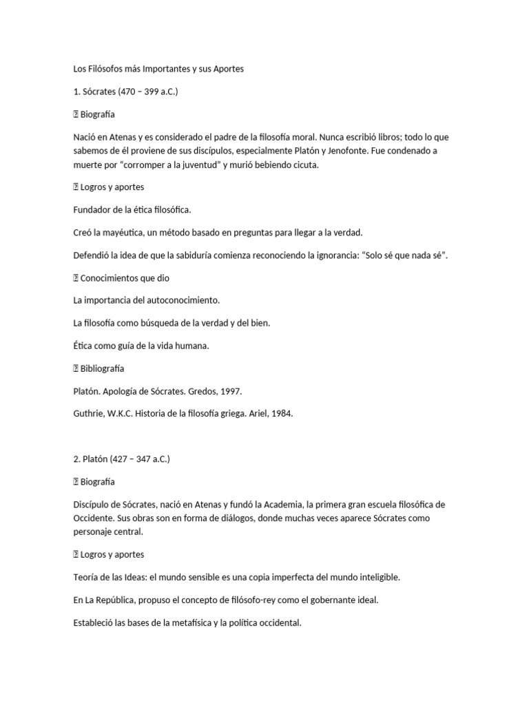 Los Filósofos Más Importantes y Sus Aportesv2222 | PDF | Platón | René ...