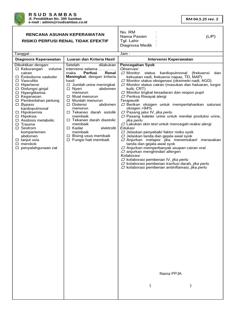Rencana Keperawatan Risiko Perfusi Renal | PDF