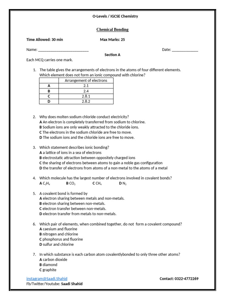 O-Level Chemistry: Chemical Bonding Quiz | PDF | Chemical Bond | Ionic ...