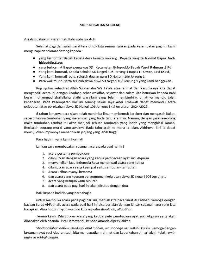 MC Perpisahan Siswa SD 106 Jerrung 1 | PDF