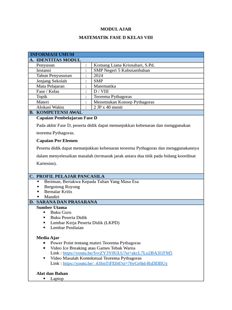 Modul Ajar Teorema Pythagoras Kelas Viii | PDF