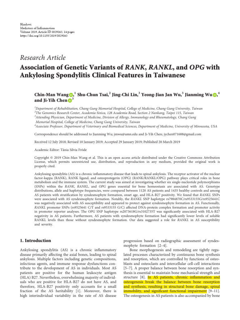 Genetic Variants in RANK/RANKL/OPG and Ankylosing Spondylitis | PDF ...