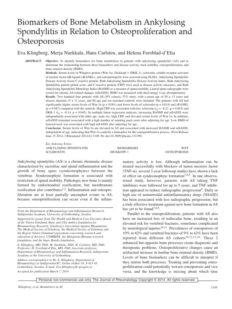 Biomarkers of Bone Metabolism in AS | PDF | Osteoporosis | Medical ...