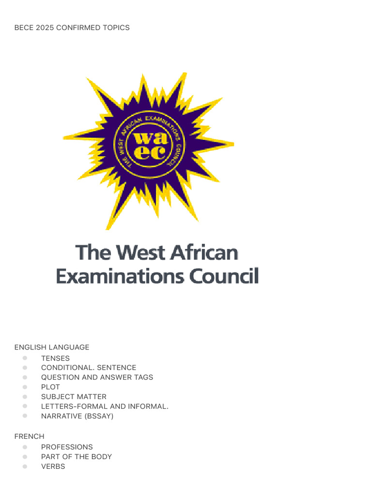 BECE 2025 Confirmed Topics Overview | PDF