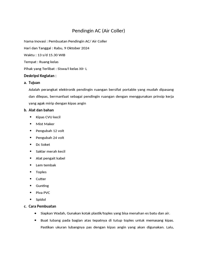 Inovasi Pendingin AC Portable Siswa XII-L | PDF