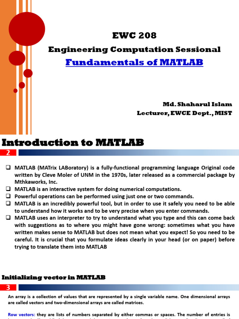 CE 206 - MatLab Fundamental | PDF | Matlab | Matrix (Mathematics)