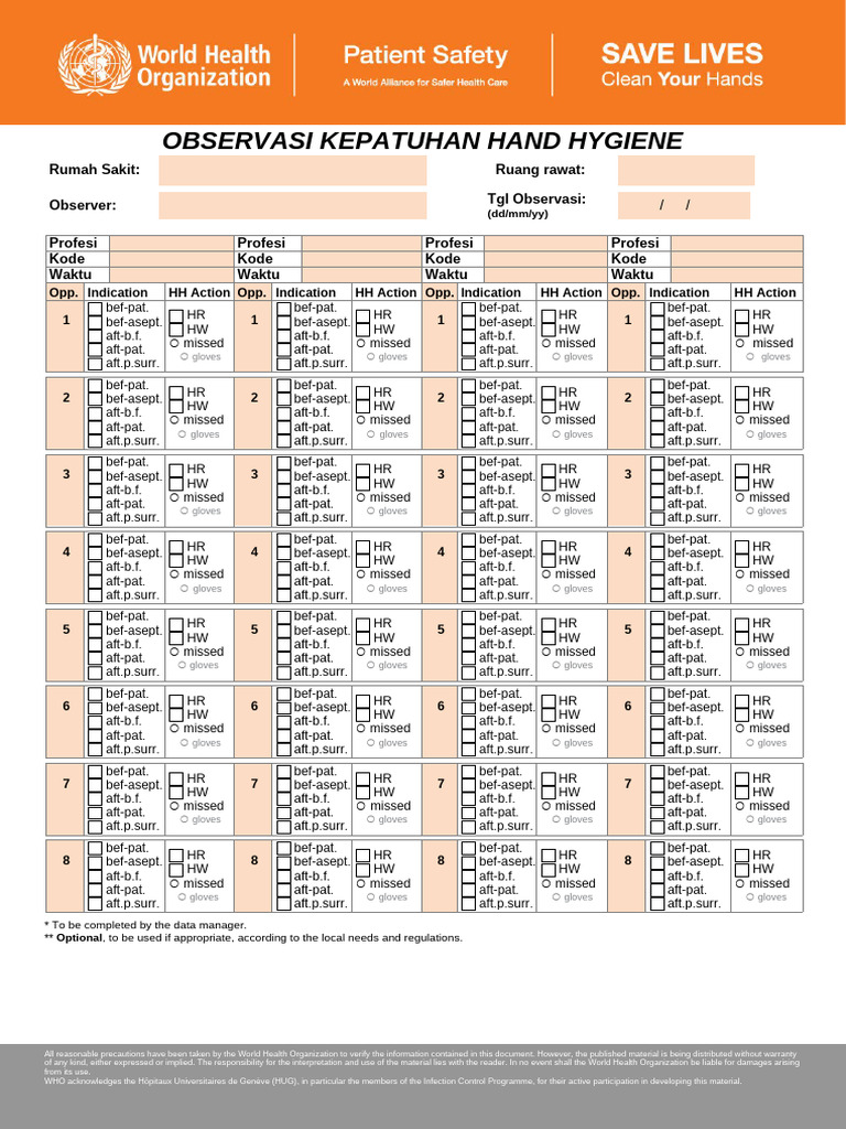 WHO Hand Hygiene Observation Form | PDF