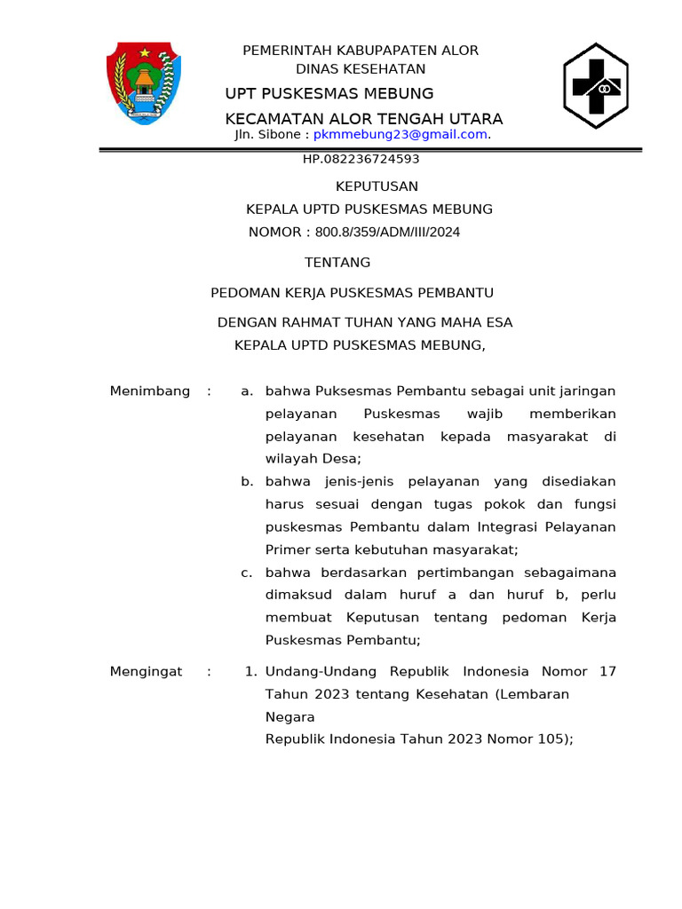 Pedoman Kerja Puskesmas Mebung | PDF