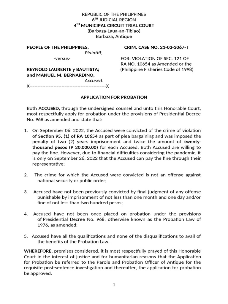 Application for Probation in Criminal Case | PDF | Fine (Penalty ...
