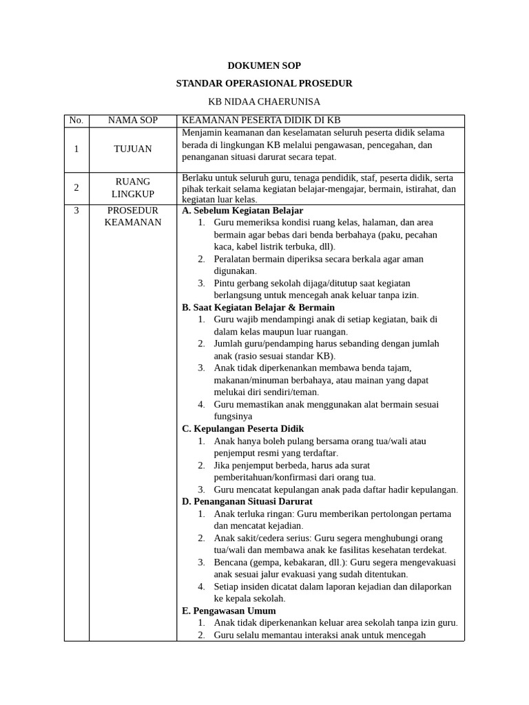 SOP Keamanan dan Keselamatan PAUD | PDF