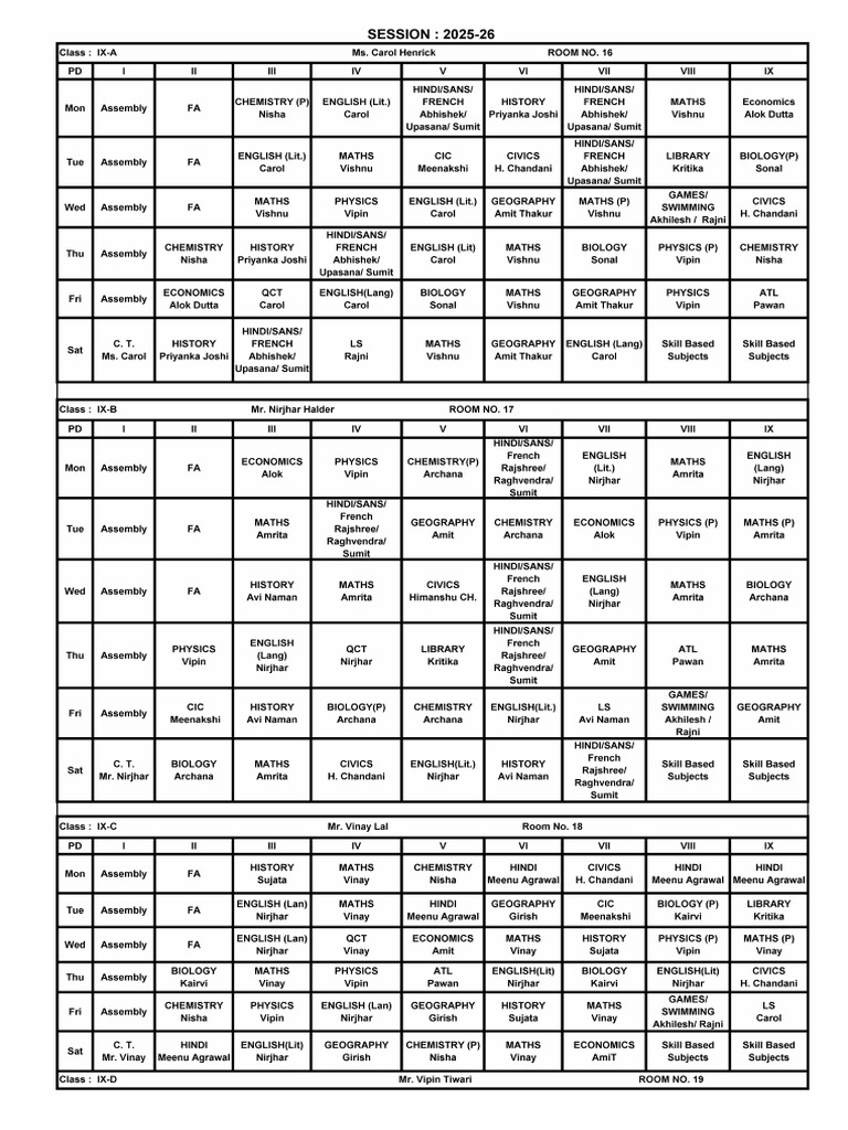 Class Time Table IX | PDF